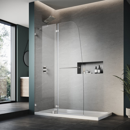 Yijieya 45"W x 72"H Frameless Shower Door,Hinged Pivot Tub Door with 1/4" Clear Tempered Glass ...